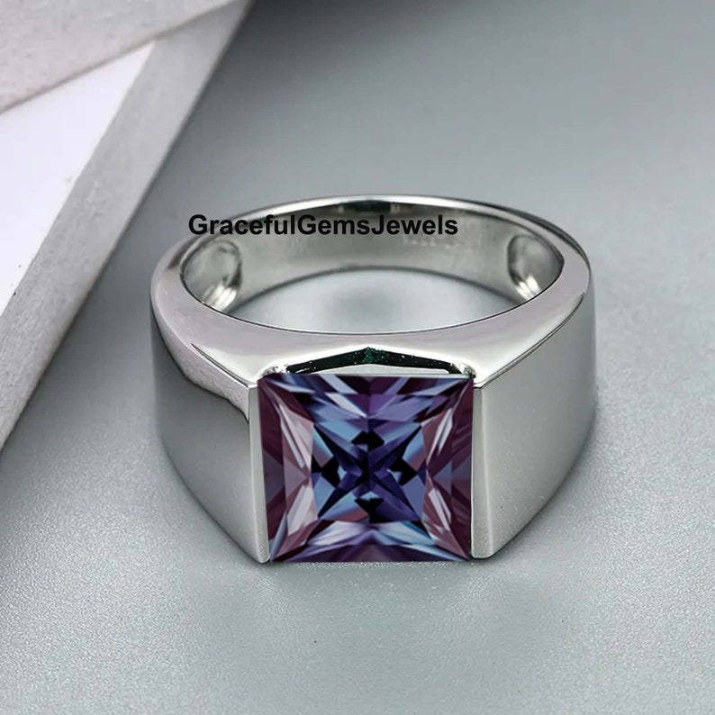Square Cut Lab Alexandrite Ring Color Changing Gemstone Ring Sterling ...