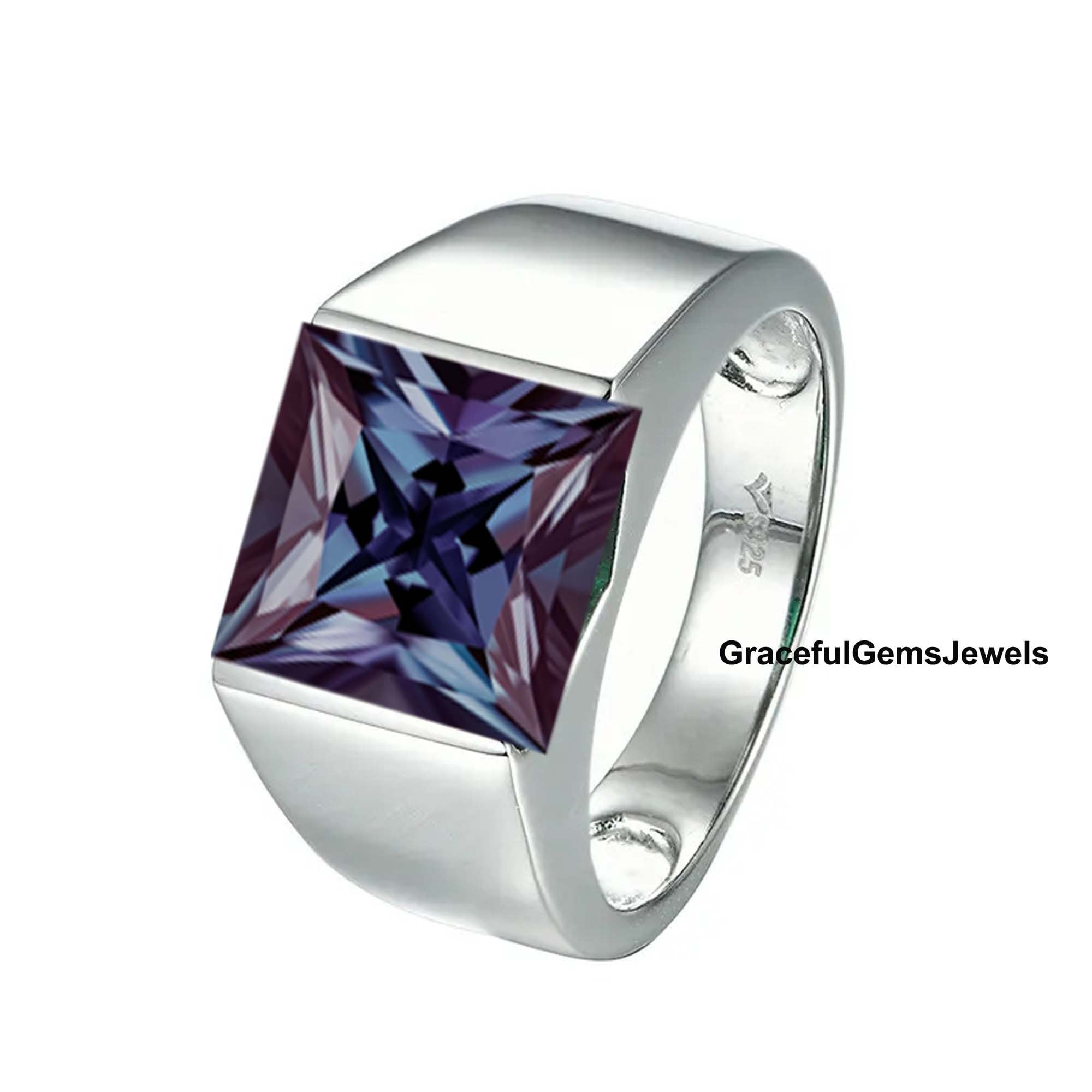 Square Cut Lab Alexandrite Ring Color Changing Gemstone Ring Sterling ...