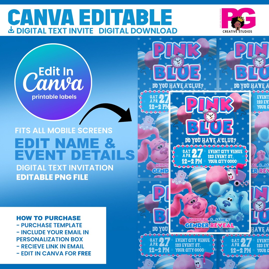 NEW Editable Digital Clues Gender Reveal Invitation Pink or Blue Theme ...