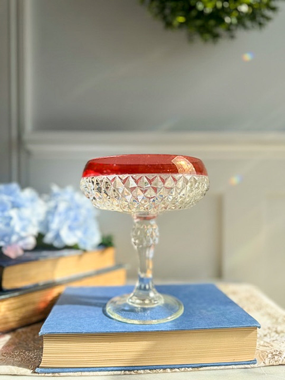 Pedestal Compote With Ruby Iridescent Rim - Etsy
