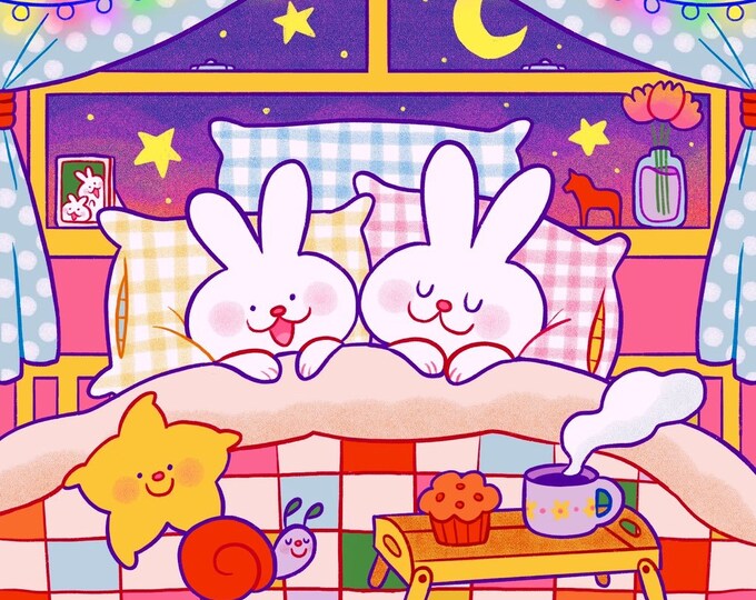 Cozy Bunny Bed Time Art Print 10"x10" - Etsy