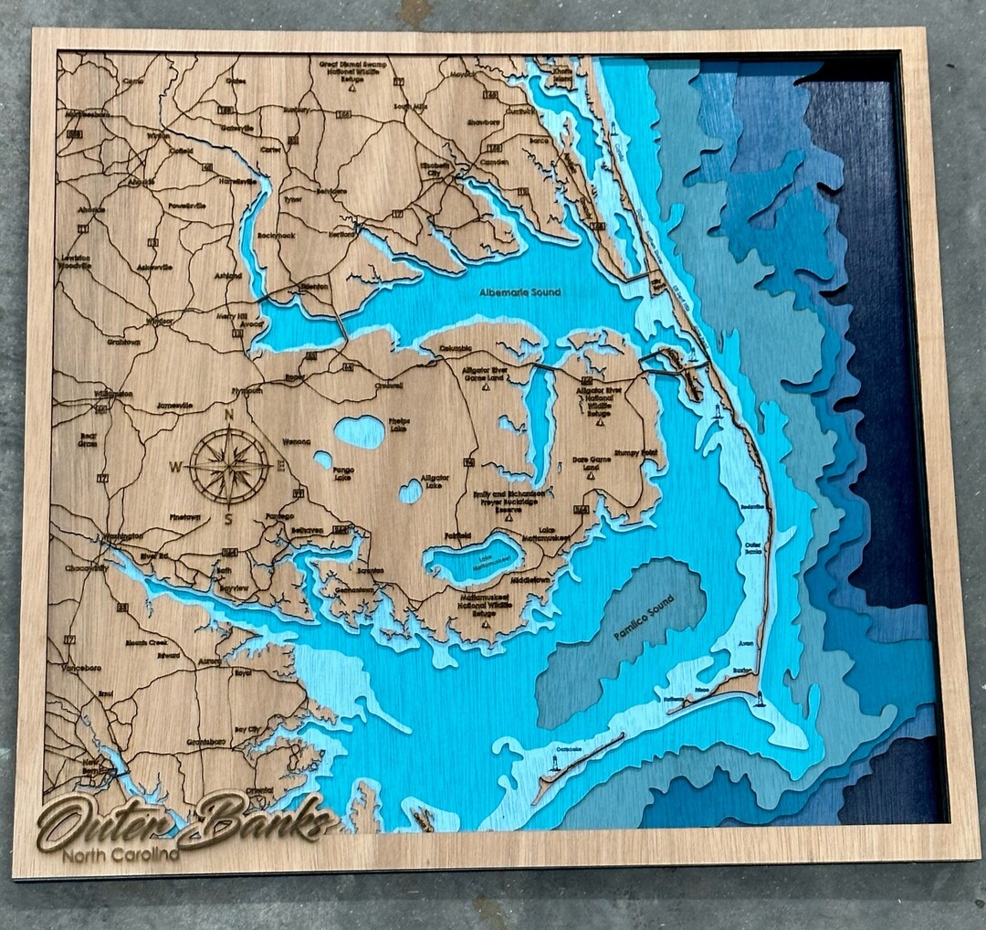 Outer Banks Bathymetric Map, OBX 3D Map, Wooden OBX Map, Dare County NC ...