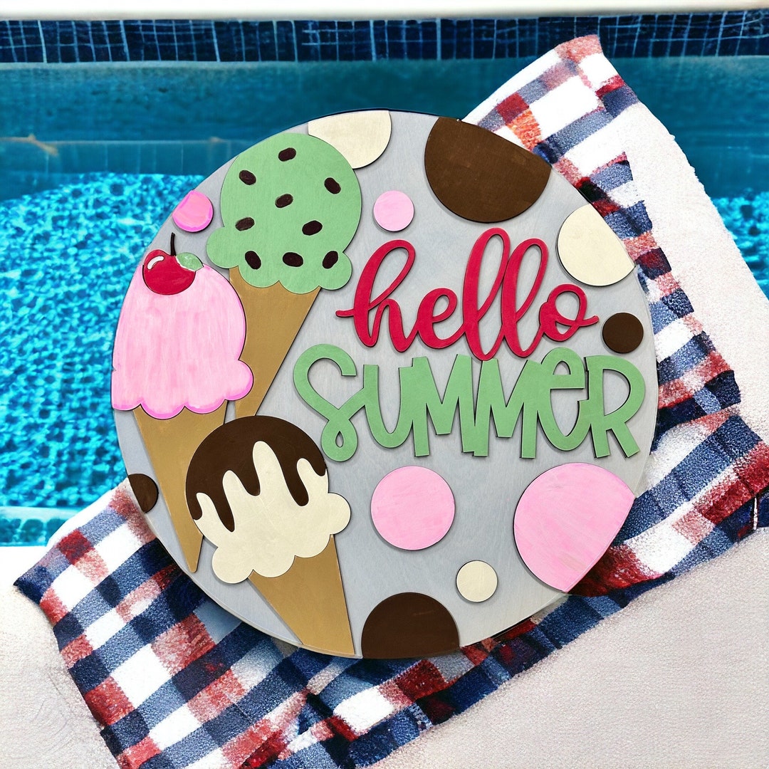 Hello Summer Ice Cream Door Hanger 3D Wood Welcome Sign Housewarming ...