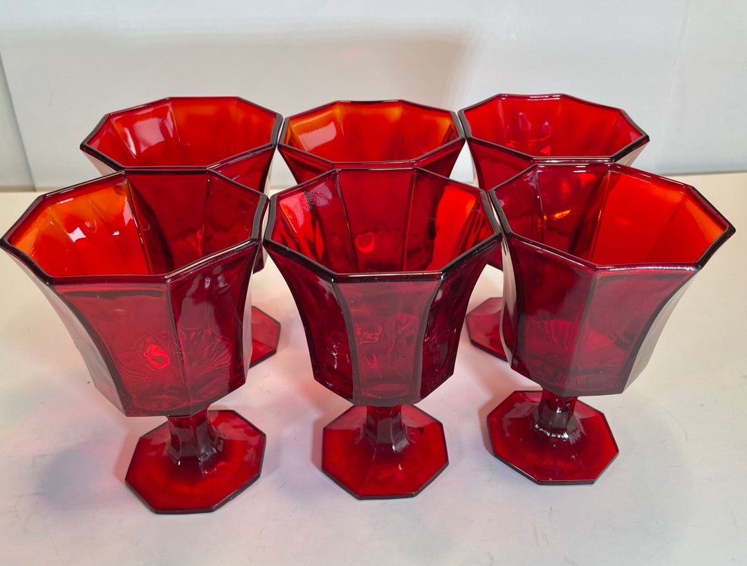 6 Vintage Ruby Red Wine Glasses Octagonal And Footed 8 Oz Wine Etsy