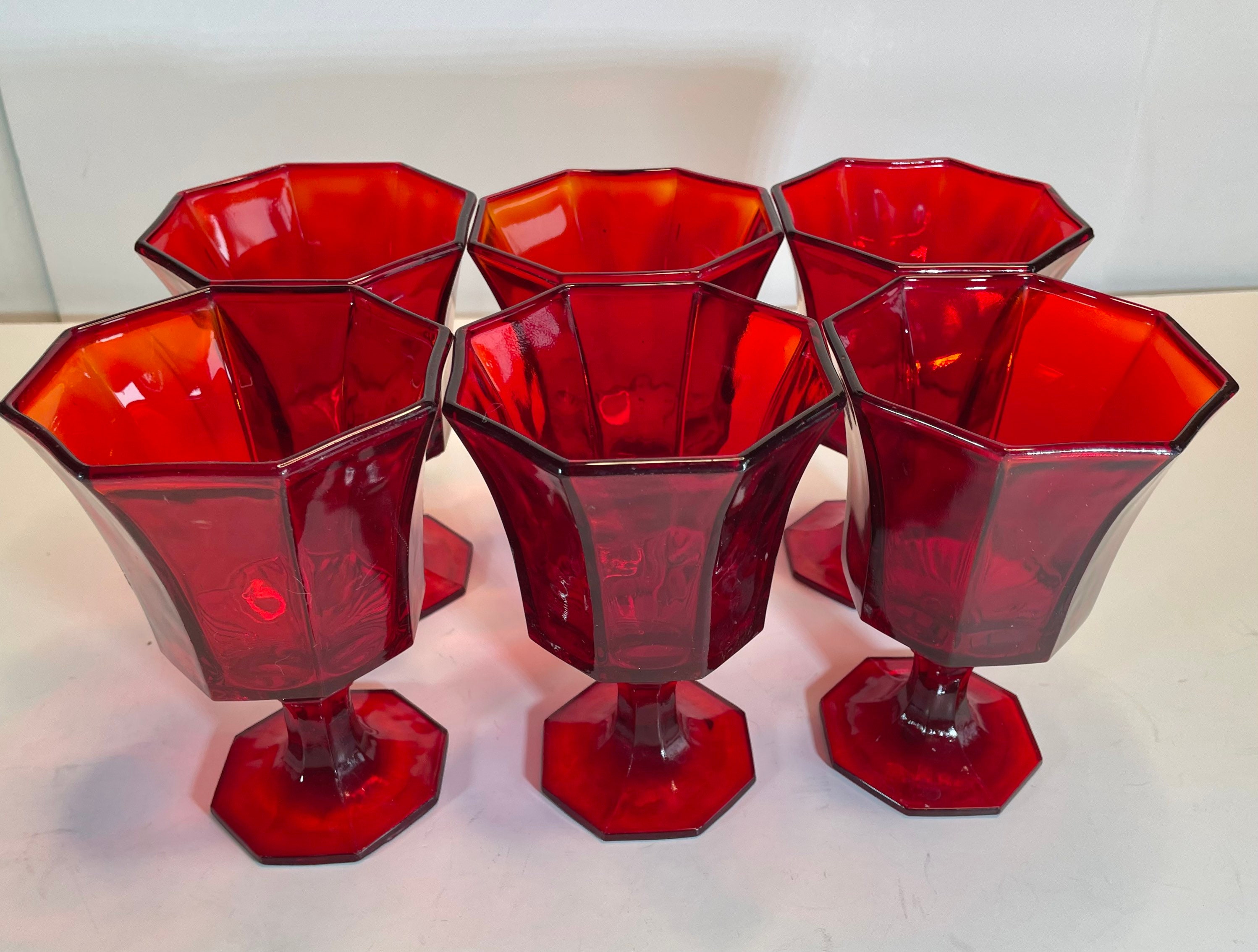 6 Vintage Ruby Red Wine Glasses Octagonal and Footed 8 Oz Wine - Etsy