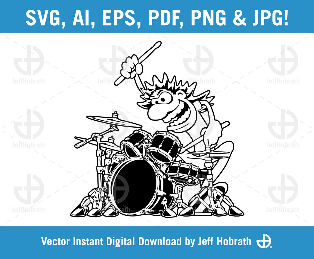 Wild Drummer Cartoon Black and White Vector Illustration Instant ...