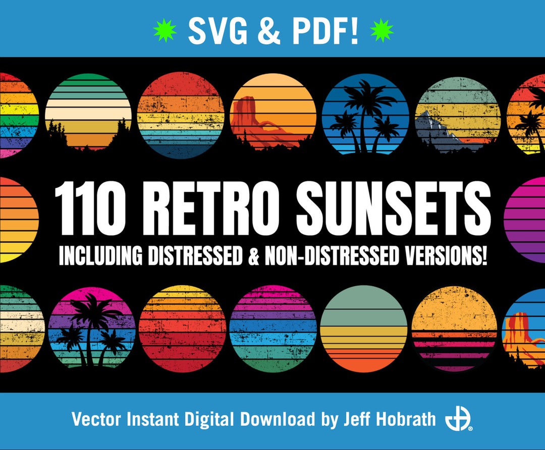110 Retro Sunsets - Beautiful Vector Retro Sunset Art Bundle Digital ...