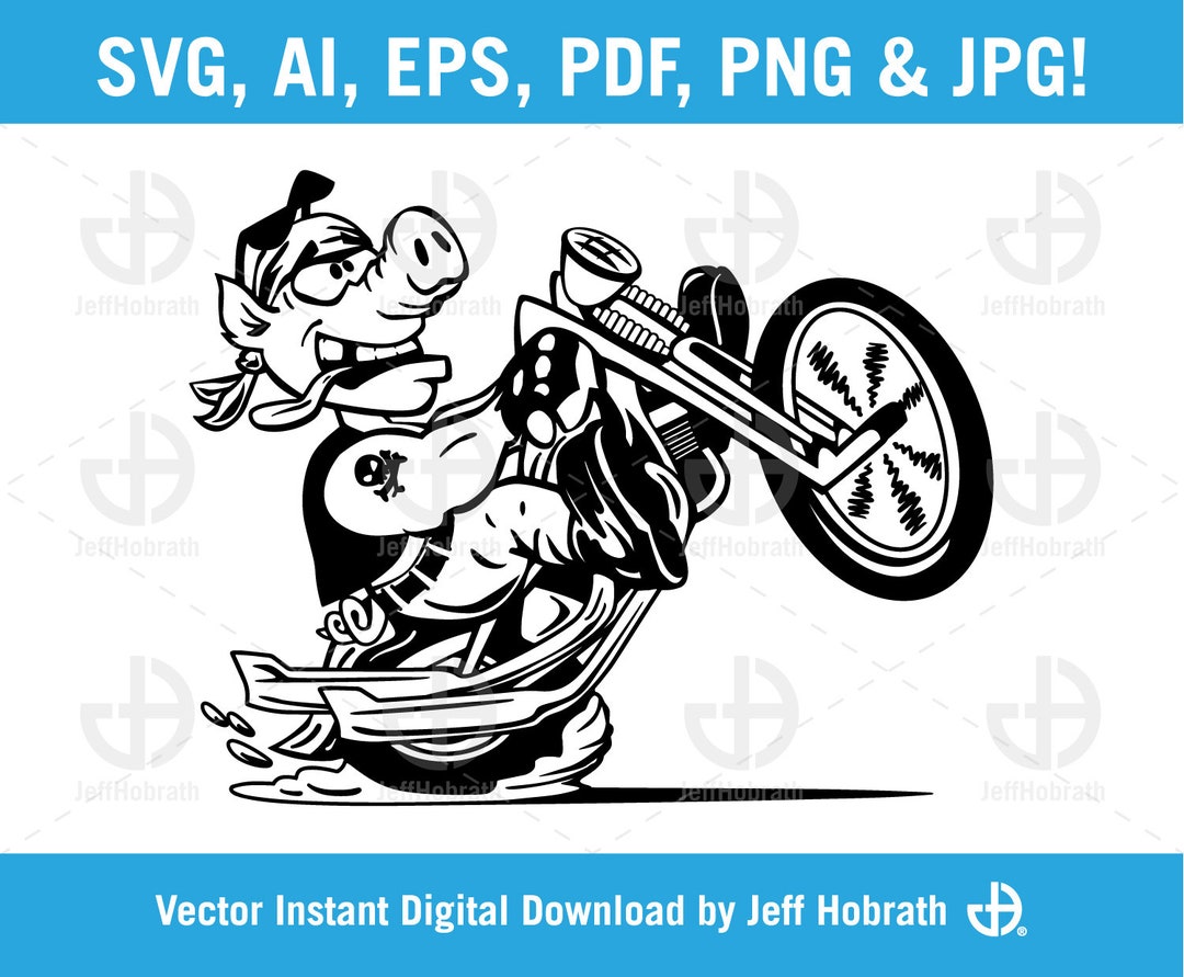 Biker Hog Motorcycle Cartoon Black Line Art Vector Illustration Instant ...