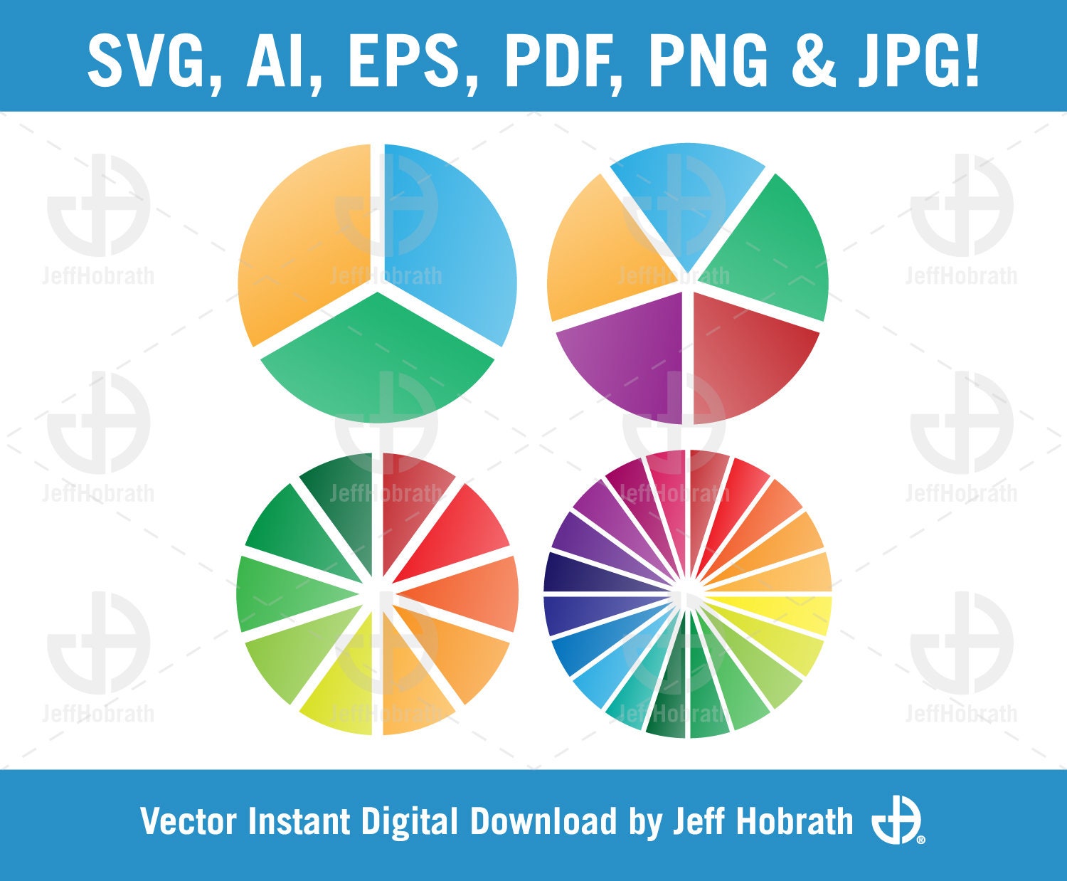 Pie Chart Set - 3 Piece, 5 Piece, 10 Piece and 20 Piece Color Pie Charts Vector Digital Download ...