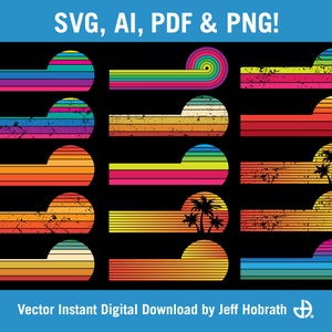 50 Retro Horizontal Sunsets - 25 Distressed and 25 Non-distressed ...