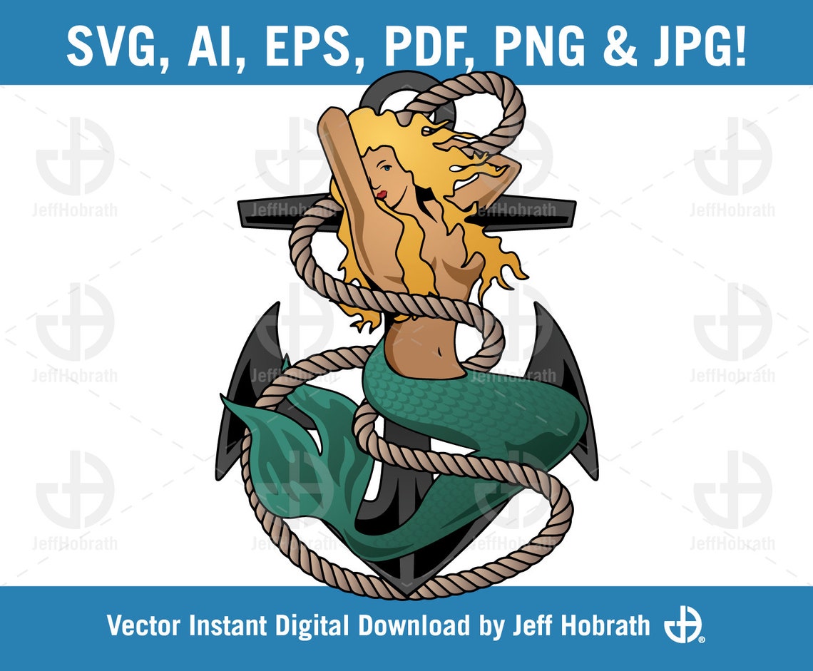 Mermaid With Anchor and Rope Color Isolated Vector - Etsy