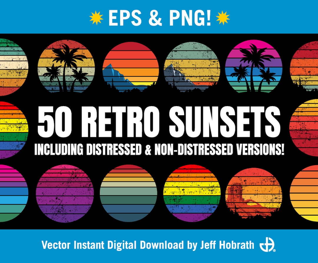 50 Retro Sunsets - Beautiful Vector Retro Sunset Art Bundle Digital ...