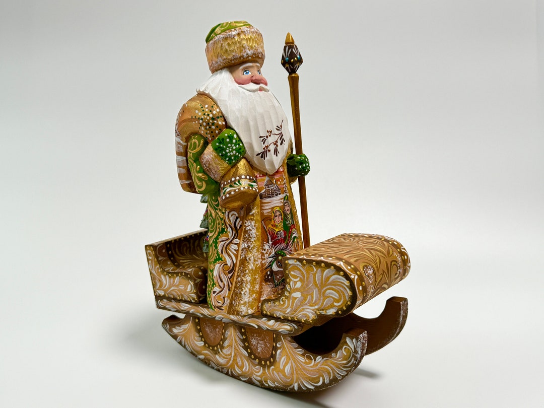 Ukrainian Santa Claus Figurine on Sleigh, Hand Carved Wooden Santa ...