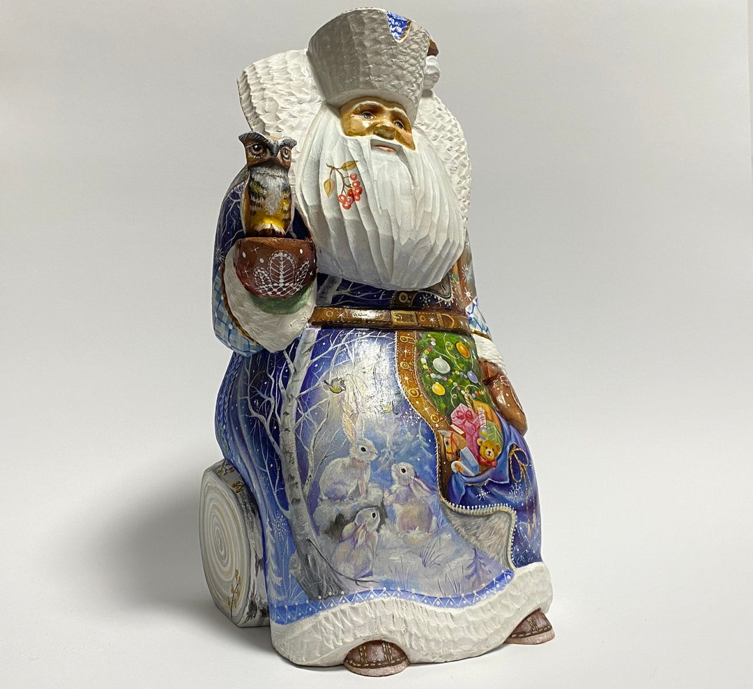 Large Ukrainian Santa Claus Figurine With Owl, Hand Carved Santa Figure ...