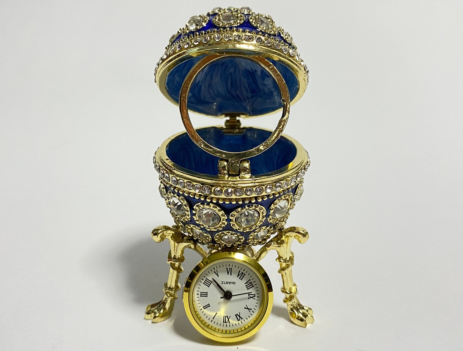 Decorative Faberge Egg Clock in Box, Enameled Metal Box With Swarovski ...