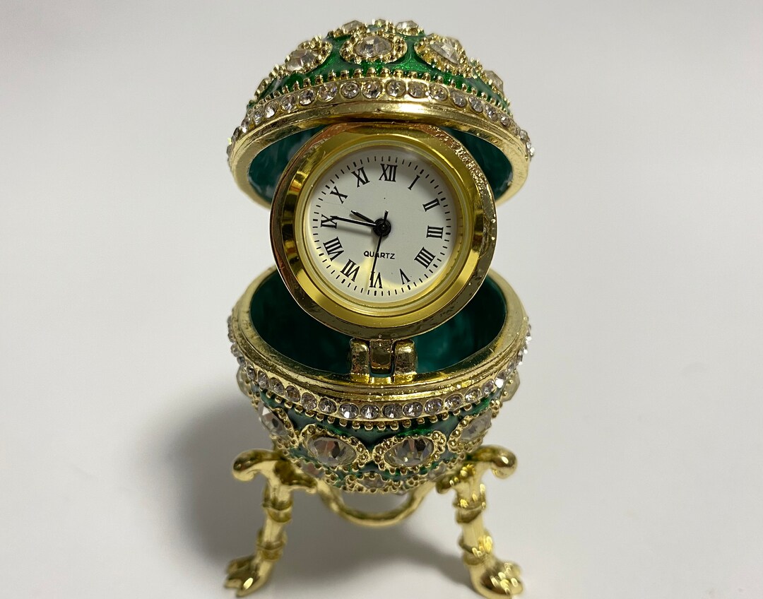 Decorative Faberge Egg Clock in Box, Enameled Metal Box With Swarovski ...