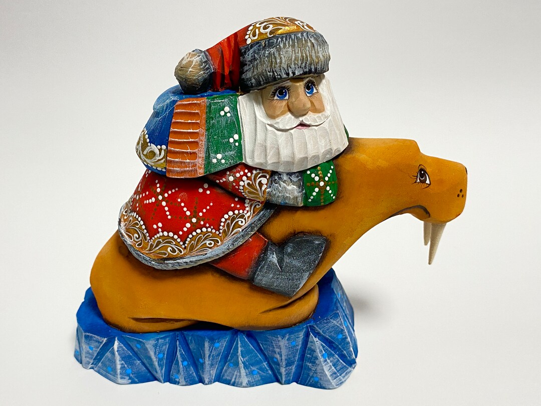 Hand Carved Santa Claus on Walrus, Wooden Santa Figurine, Wood Carving ...