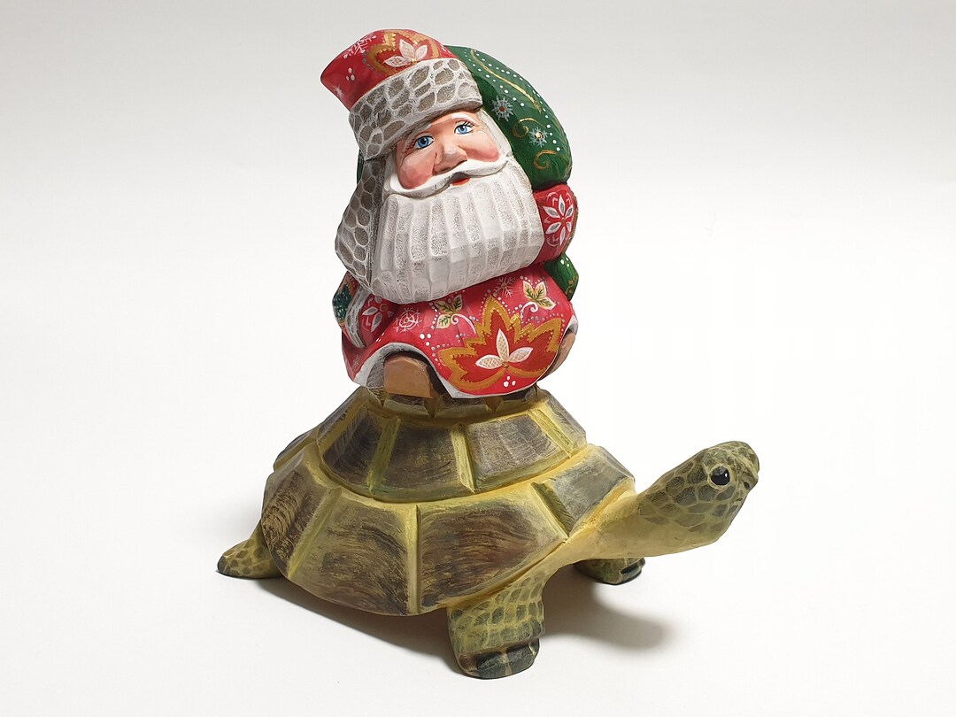 Hand Carved Wooden Turtle Figurine With Santa Claus, Father Frost Santa ...