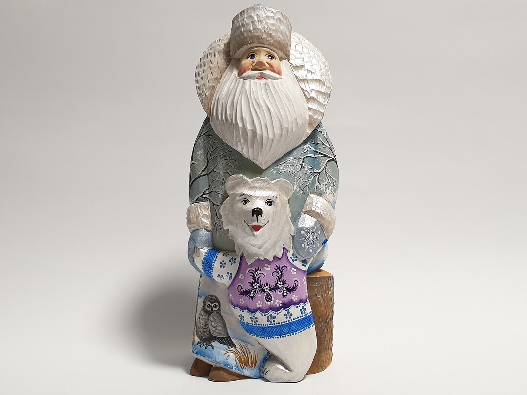 Ukrainian Santa Claus Figurine With Bear Hand Carved Santa Figure ...