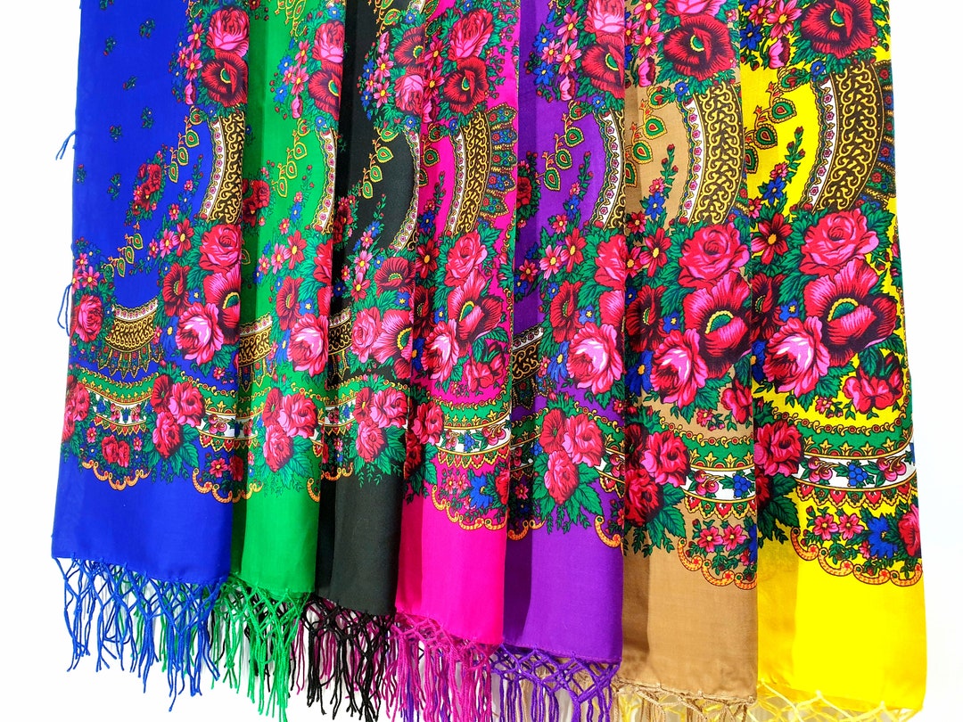 Ukrainian Shawl Babushka Scarf With Tassels Platok Floral Folk Fabric ...