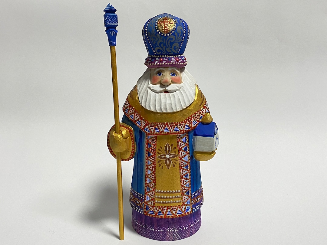 Saint Nicholas Statue Hand Carved Wooden Santa Claus Figurine Christmas ...