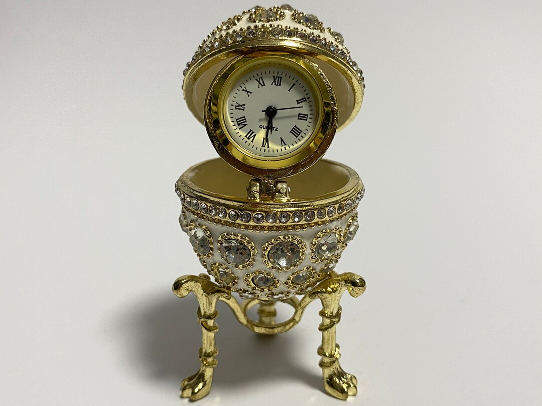 Decorative Faberge Egg Clock in Box, Enameled Metal Box With Swarovski ...