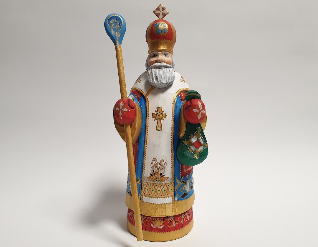 Saint Nicholas Statue Hand Carved Wooden Santa Claus Figurine Christmas ...