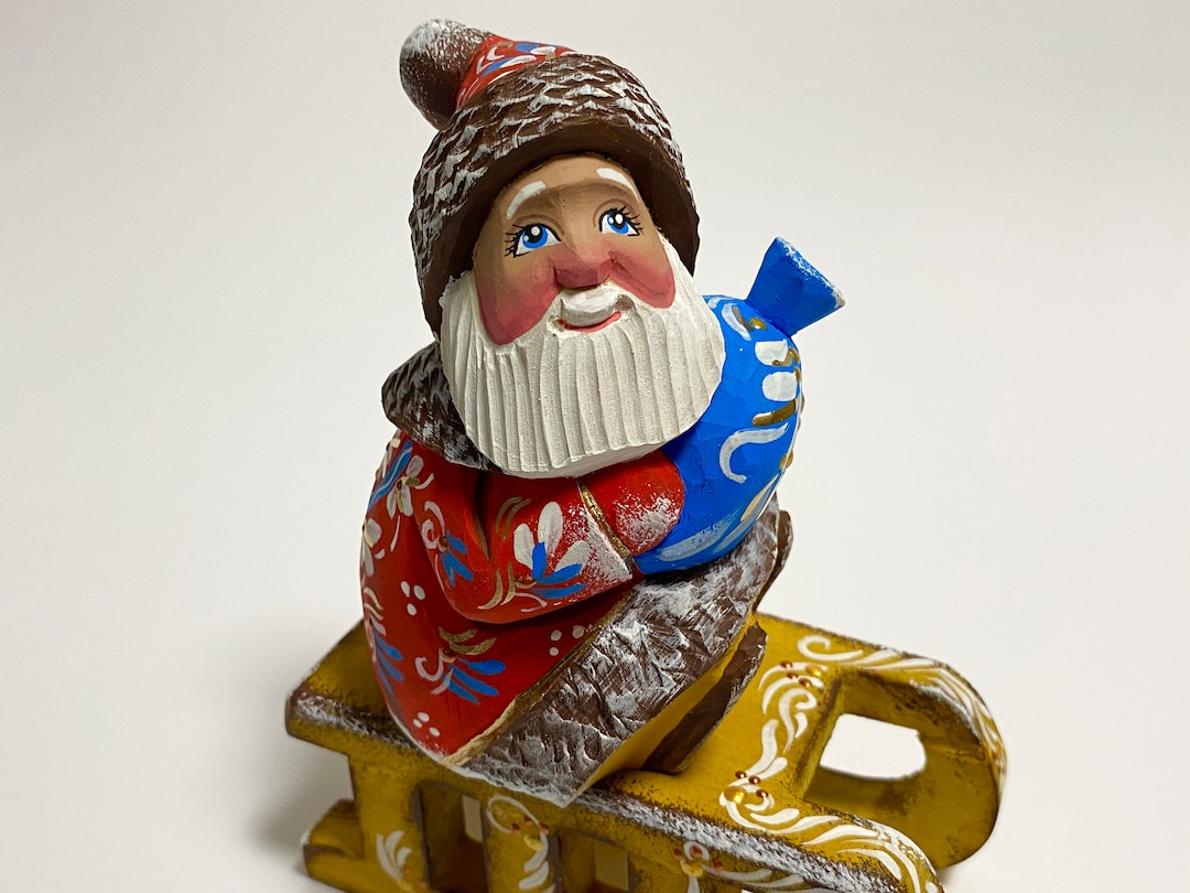 Ukrainian Santa Claus Figurine on Sleigh, Hand Carved Wooden Santa ...