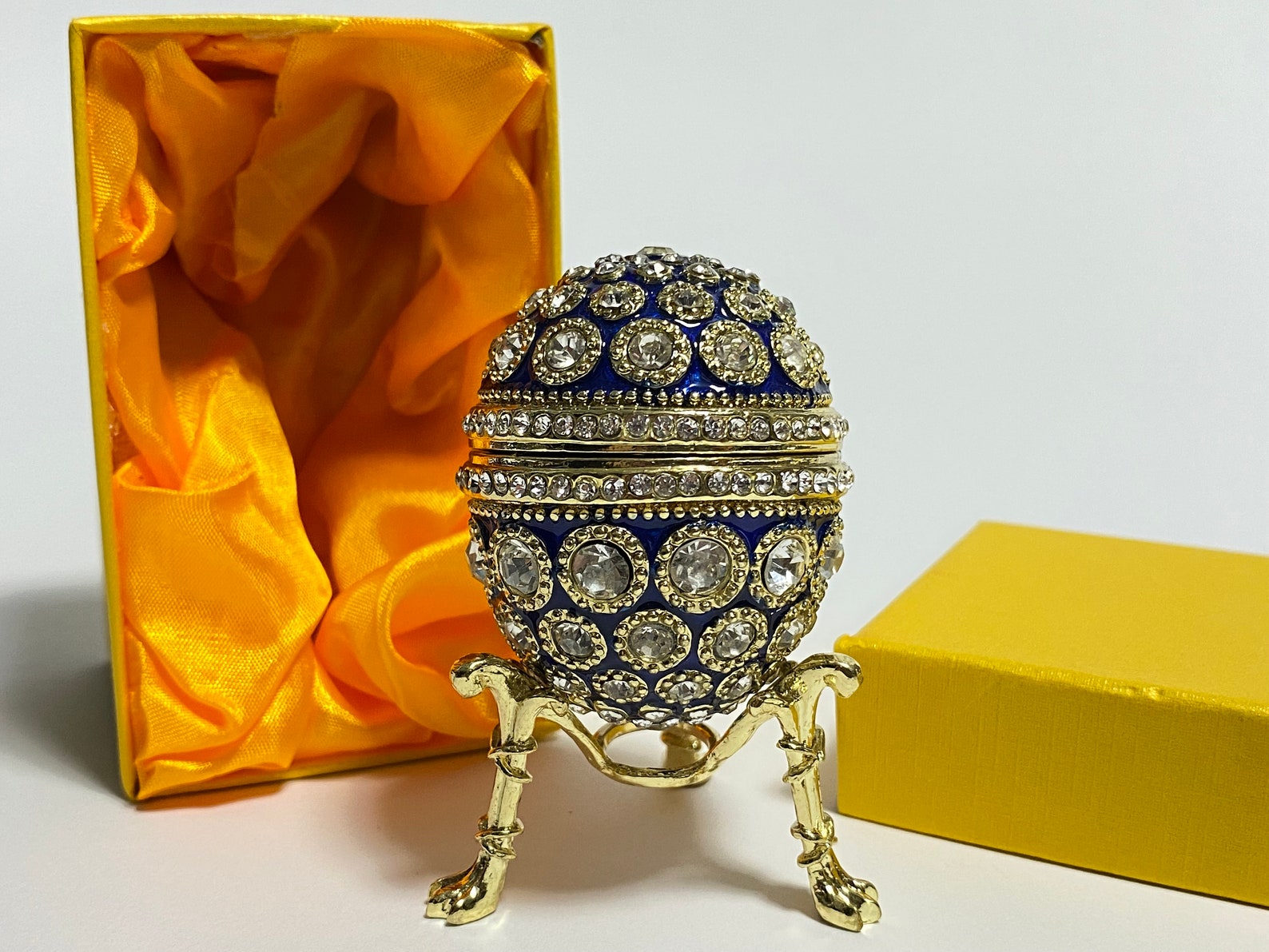 Decorative Faberge Egg Clock in Box, Enameled Metal Box With Swarovski ...