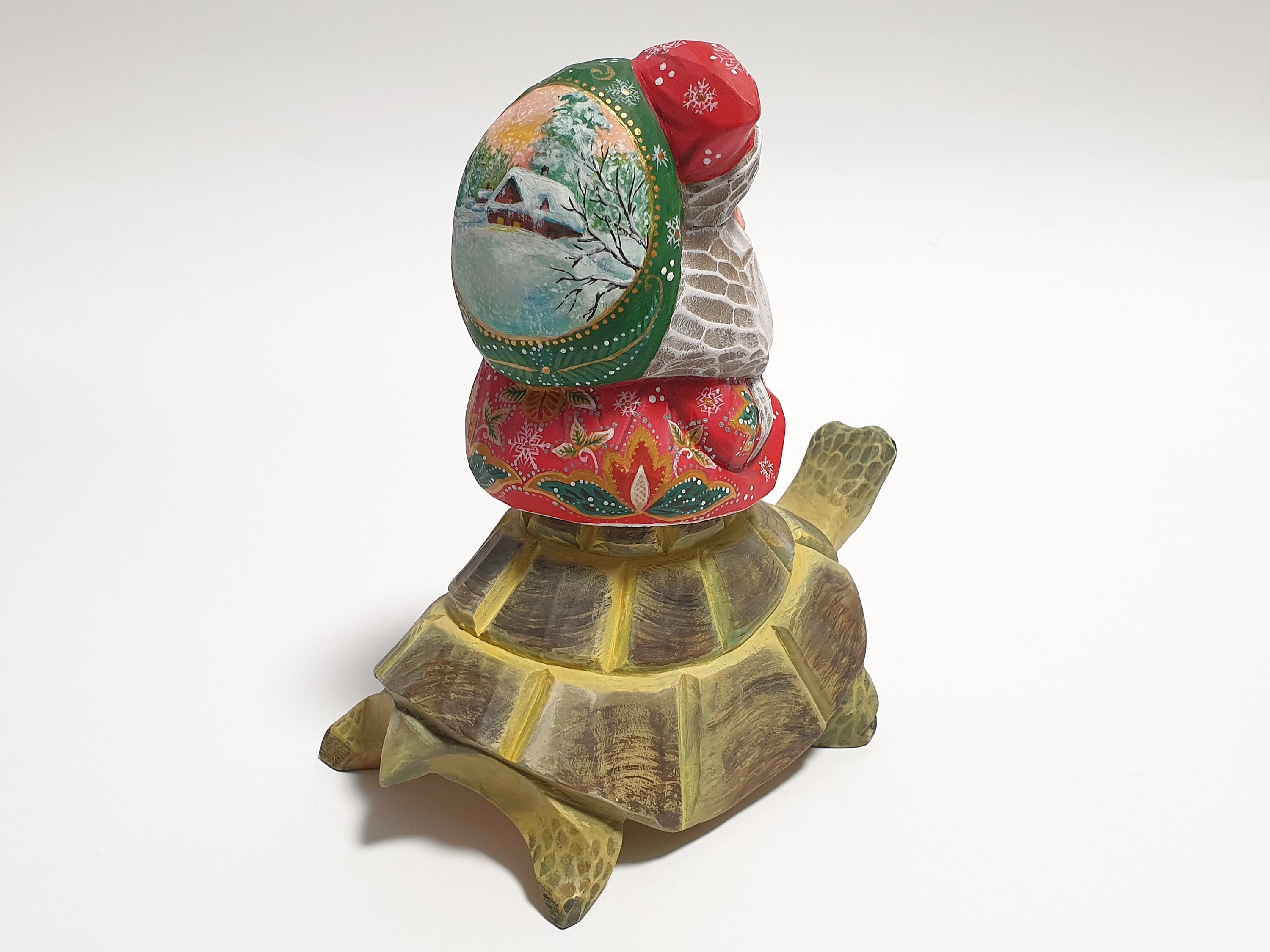 Hand Carved Wooden Turtle Figurine With Santa Claus, Father Frost Santa ...