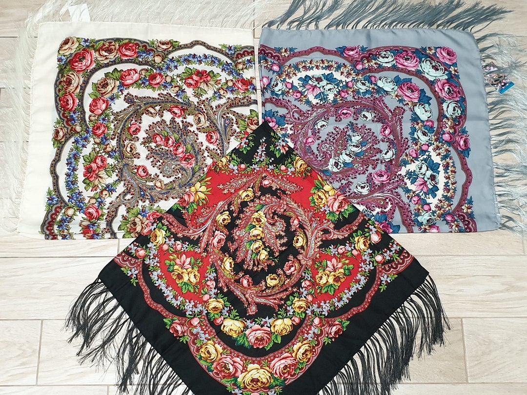 Babushka Scarf Scarf Ukrainian Shawl Floral Folk Slavic Fabric Chale ...