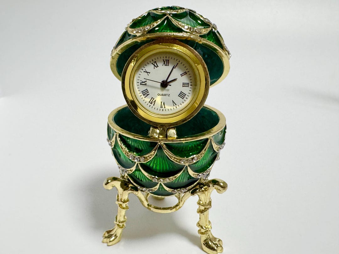 Decorative Faberge Egg Clock in Box, Enameled Metal Box With Swarovski ...
