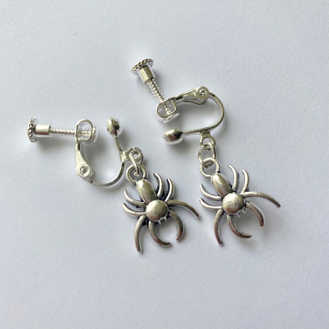Clip on Spider Earrings, Non Pierced Ears, Halloween Earrings, Silver ...