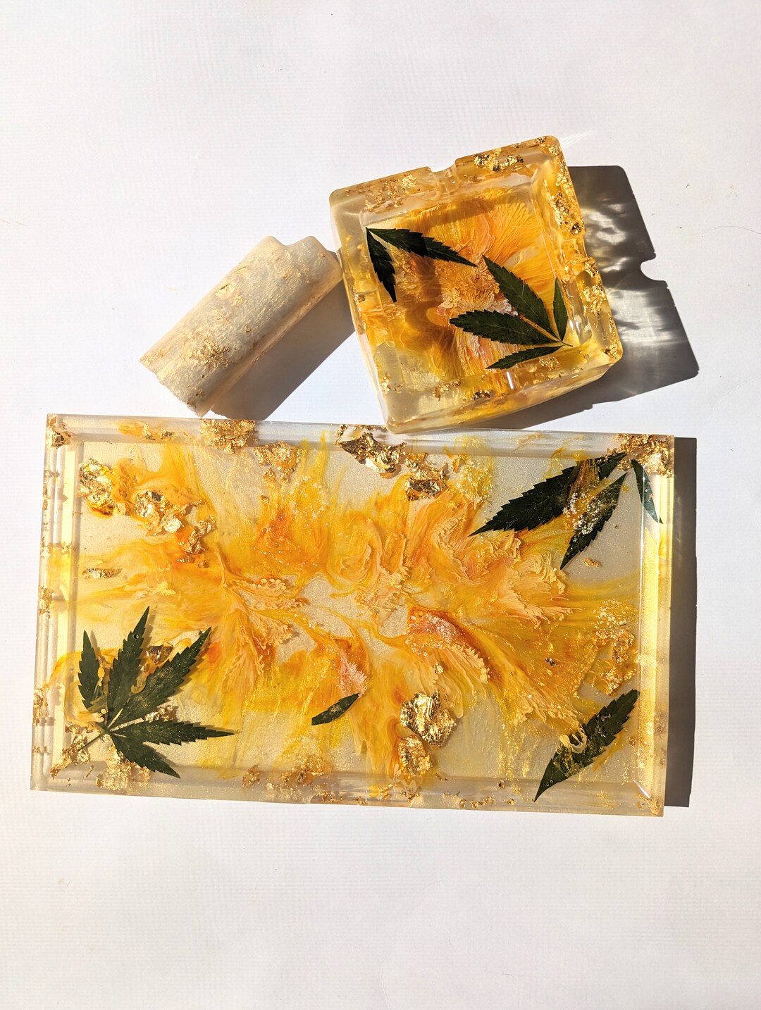 Weed Leaf Resin Rolling Tray Set/ Yellow Gold Ash Tray Set/ Girl Stoner Gift / - Etsy