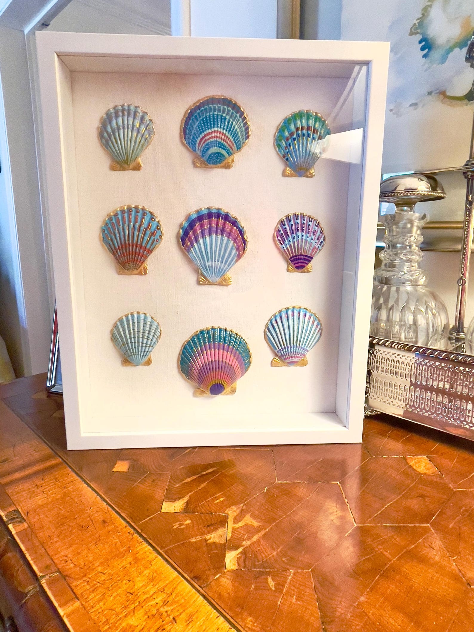 Hand Painted Shells Mounted in a White Shadow Box L 9 Scallop Shells in ...