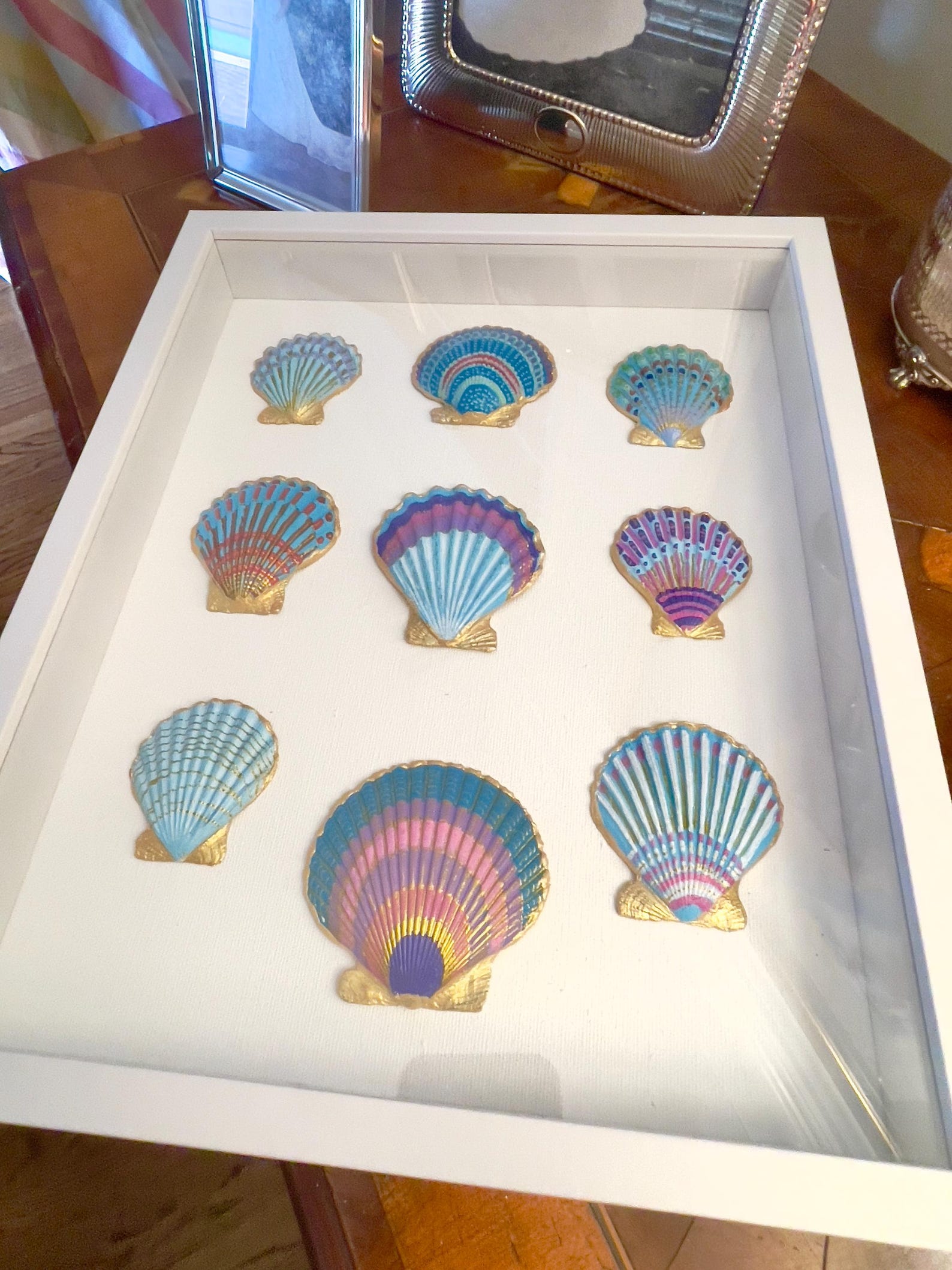 Hand Painted Shells Mounted in a White Shadow Box L 9 Scallop Shells in ...