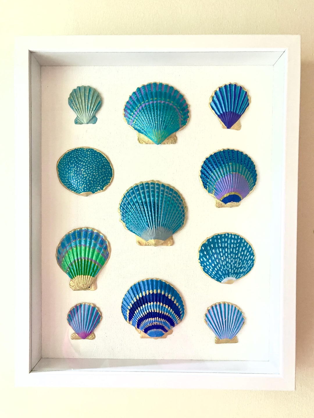 Hand Painted Shells Mounted in a White Shadow Box L 9 Scallop Shells in ...
