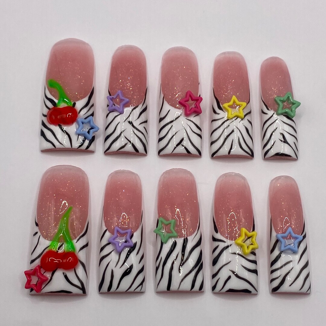 Y2K Inspired French Tip Zebra Print Acrylic Duck Nails With Star Nail ...