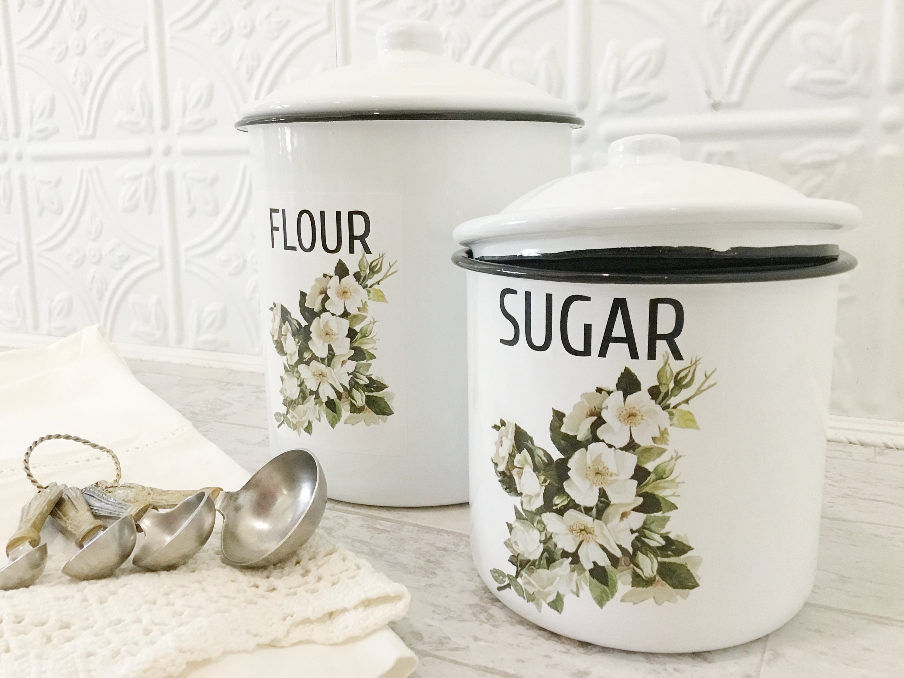 Vintage White Cottage Roses Designer Canister Pantry Removable - Etsy