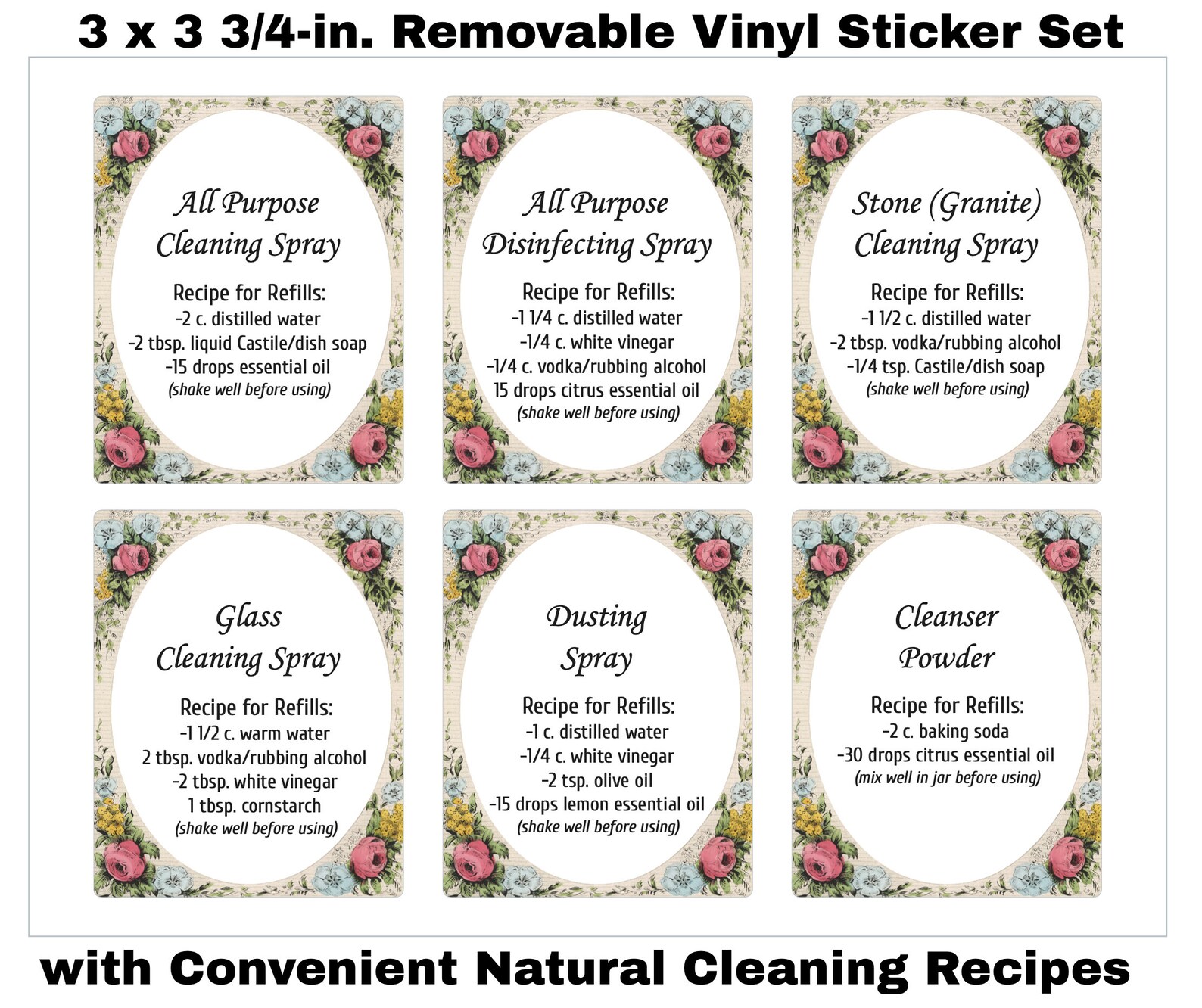 Vintage White Floral Designer Cleaning VINYL STICKER LABELS Set/6 With ...