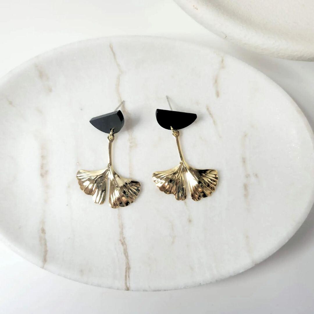 Black Half Moon and Gold Ginkgo Leaf Dangle Drop Earrings - Etsy