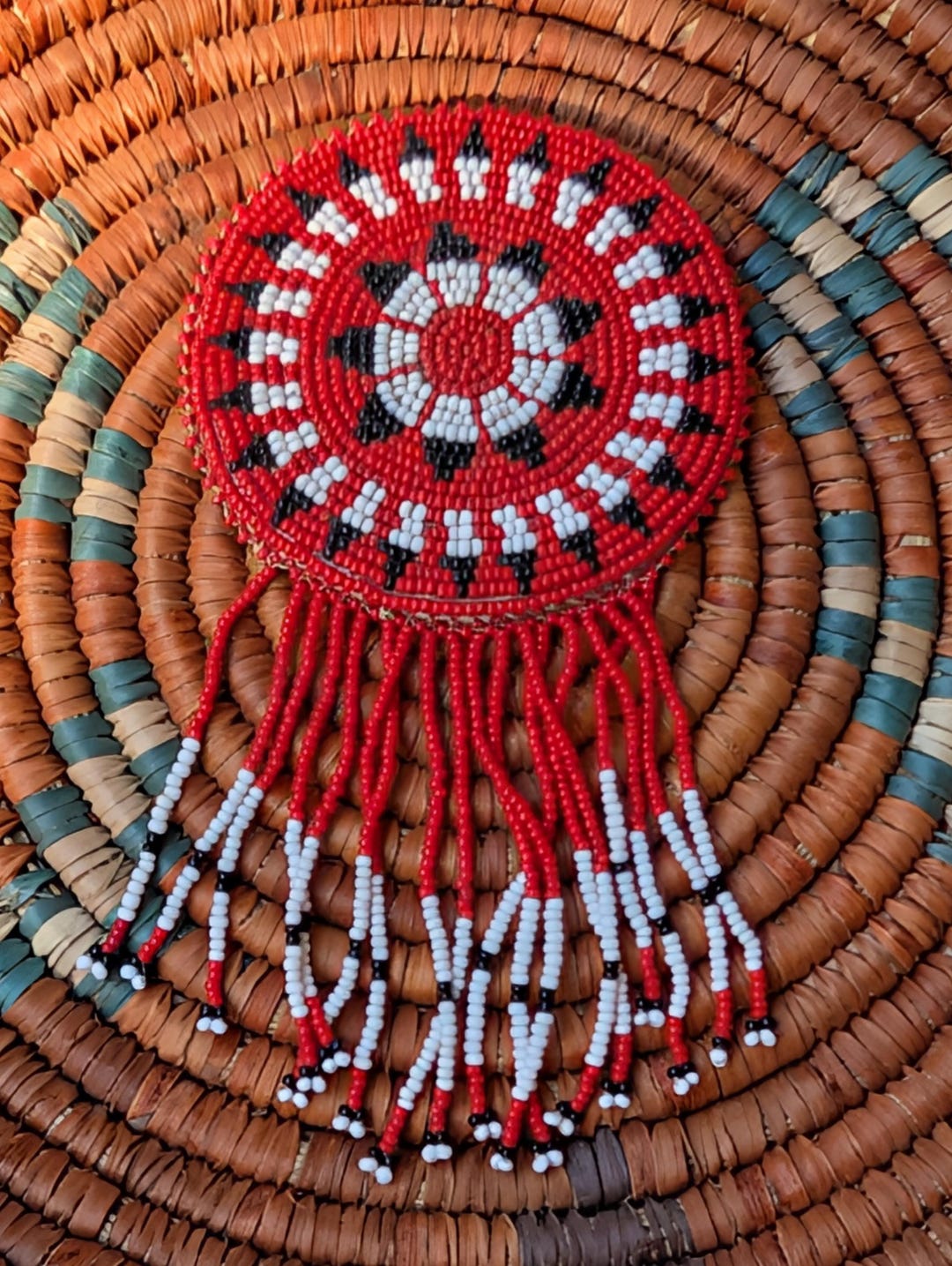 Navajo Handcrafted Beaded Medallion – Red, White & Black Beadwork With ...
