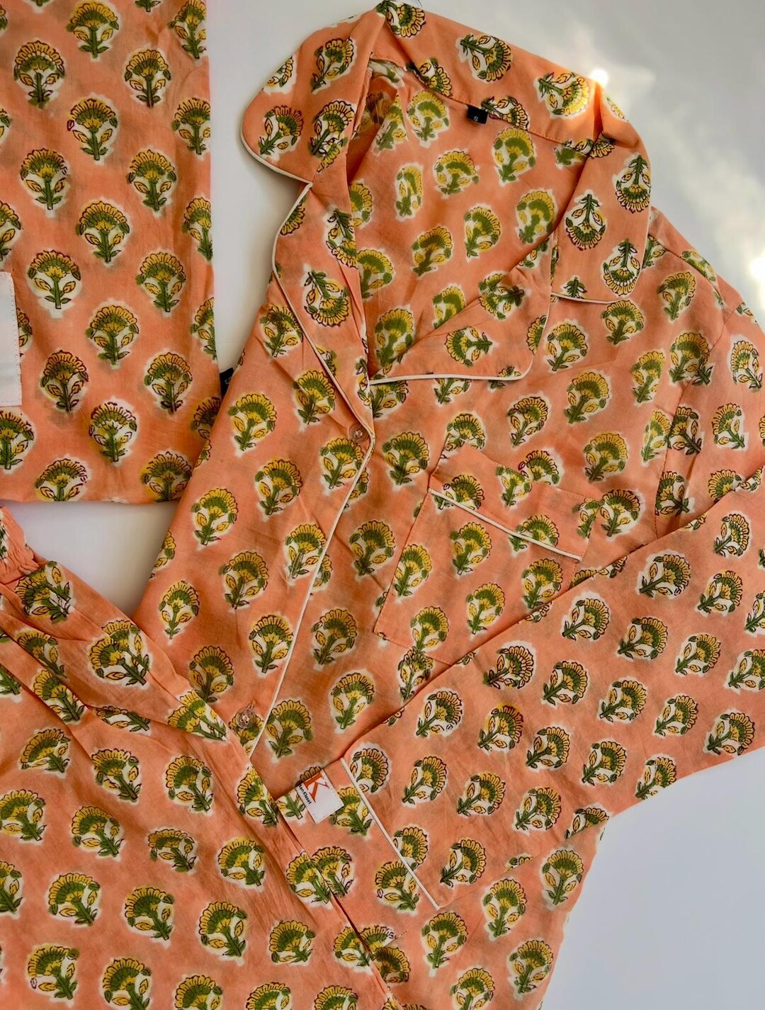 Womens Pure Cotton Block Print Pyjamas, Peach Floral Pj's, Indian Print ...
