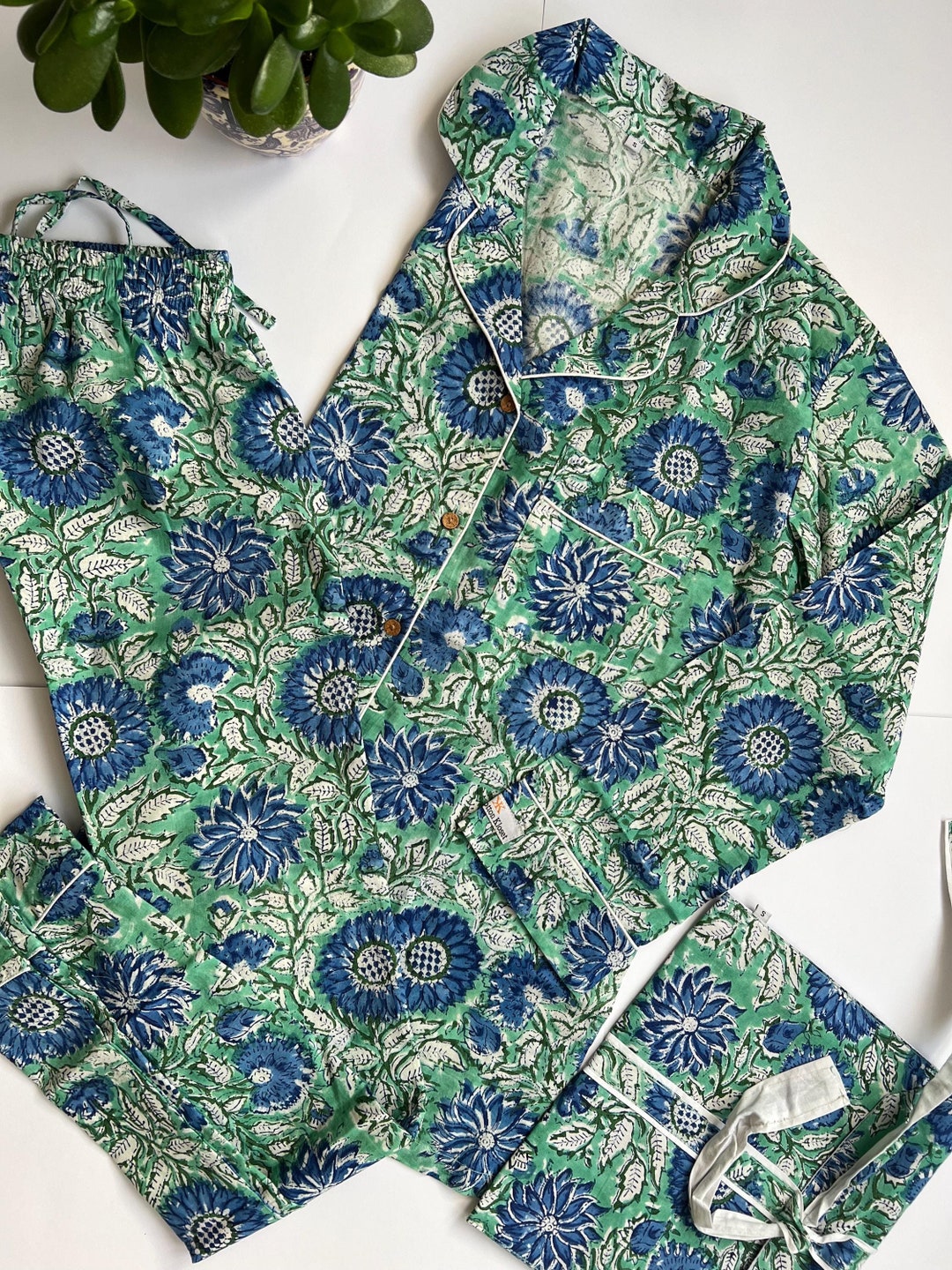 Womens Pure Cotton Block Print Pyjamas Green Blue Floral Pyjama's ...