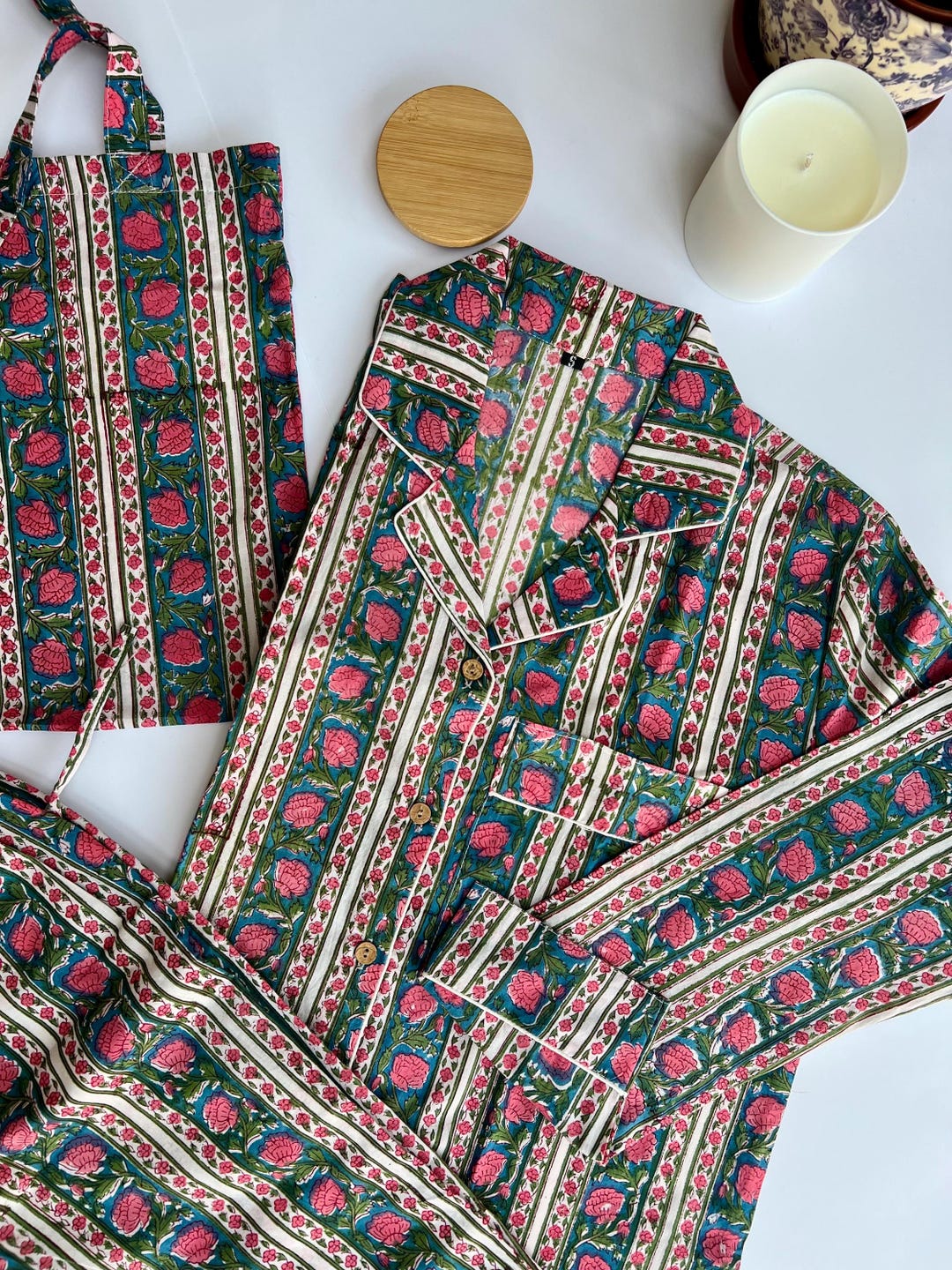 Womens Pure Cotton Block Print Pyjamas, Blue Pink Stripe Pj's, Indian ...