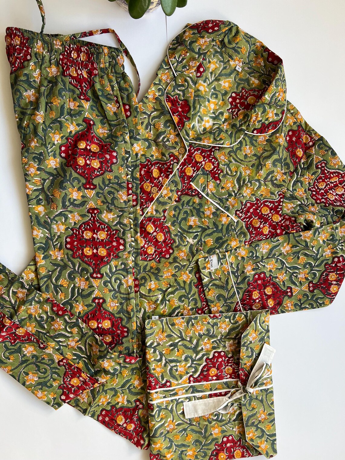 Womens Pure Cotton Block Print Pyjamas, Green Floral Pj's, Indian Print ...