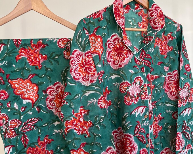 Womens Pure Cotton Block Print Pyjamas Green Floral Pyjama's Indian ...