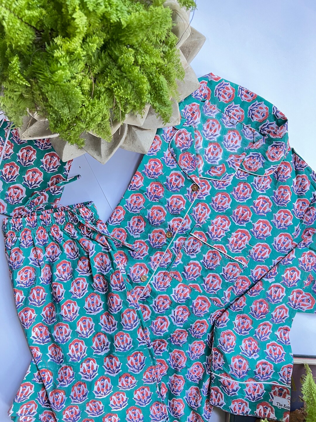 Womens Pure Cotton Block Print Pyjamas Green Floral Pyjama's Indian ...
