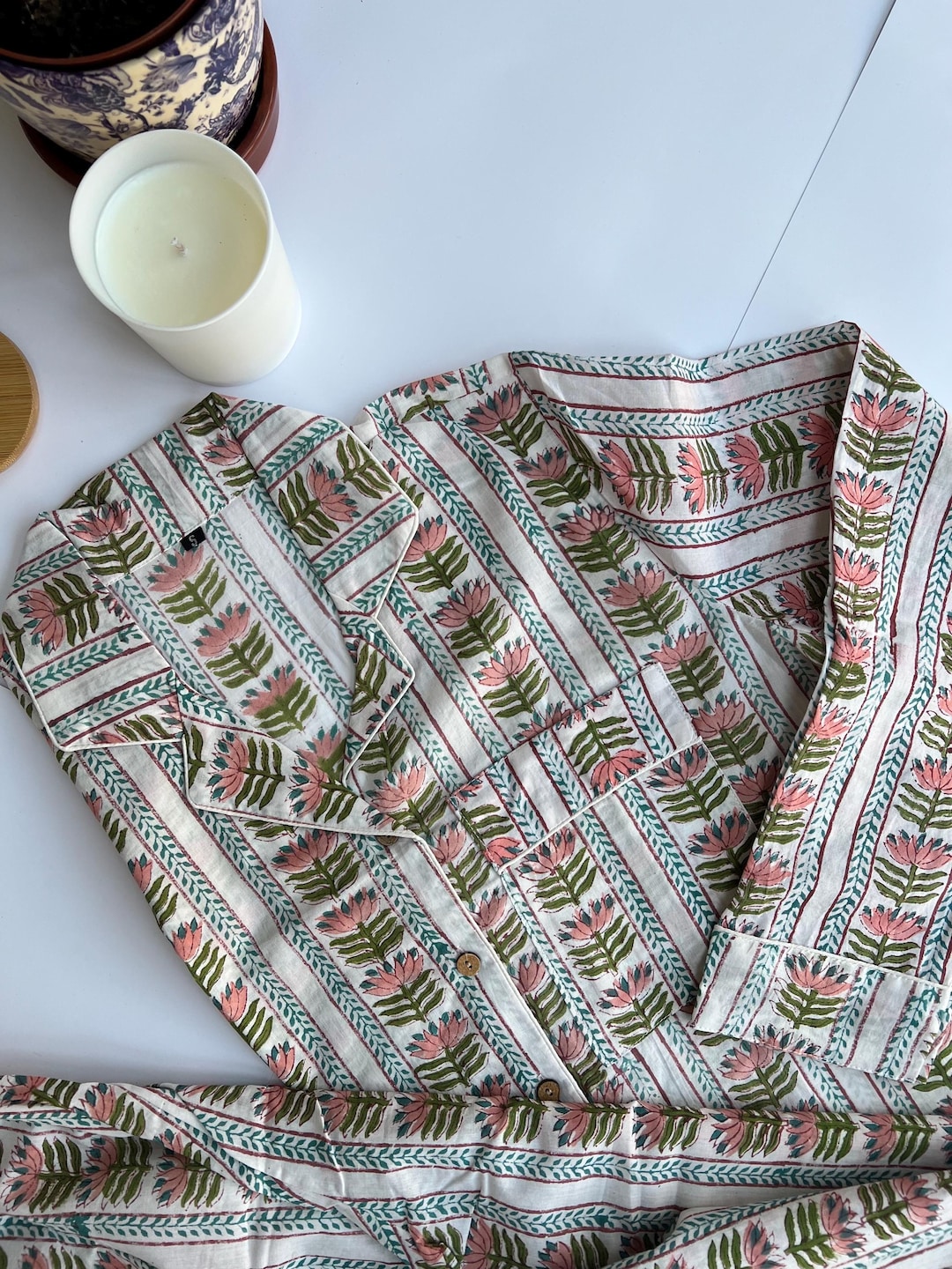 Womens Pure Cotton Block Print Pyjamas White Floral Pyjama's Indian ...