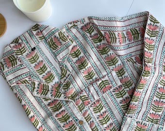 Womens Pure Cotton Block Print Pyjamas Green Floral Pyjama's Indian ...